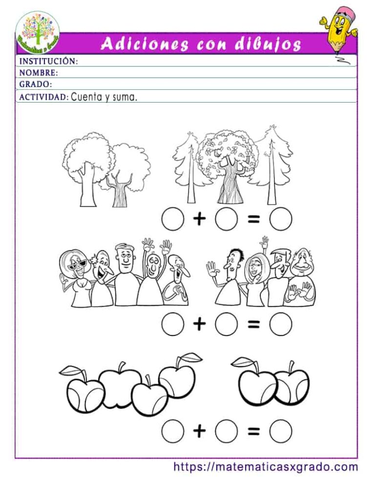 Sumas con dibujos para niños de preescolar para imprimir