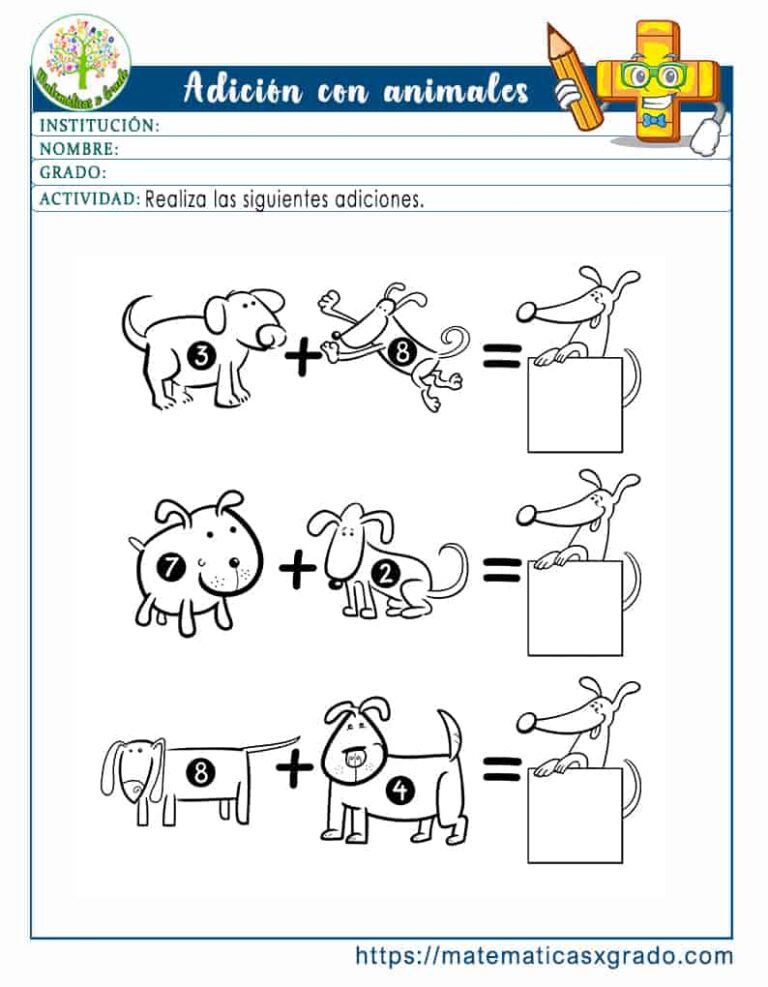 Fichas de sumas con animales con dibujos para colorear